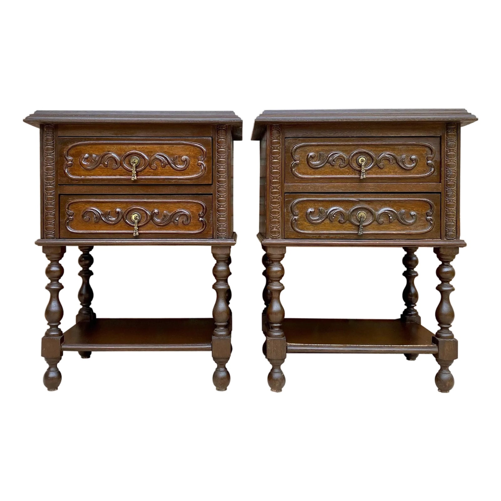 Early 20th Century French Nightstands In Carved Walnut Two Drawers And Shelf, Set Of 2 | Chairish