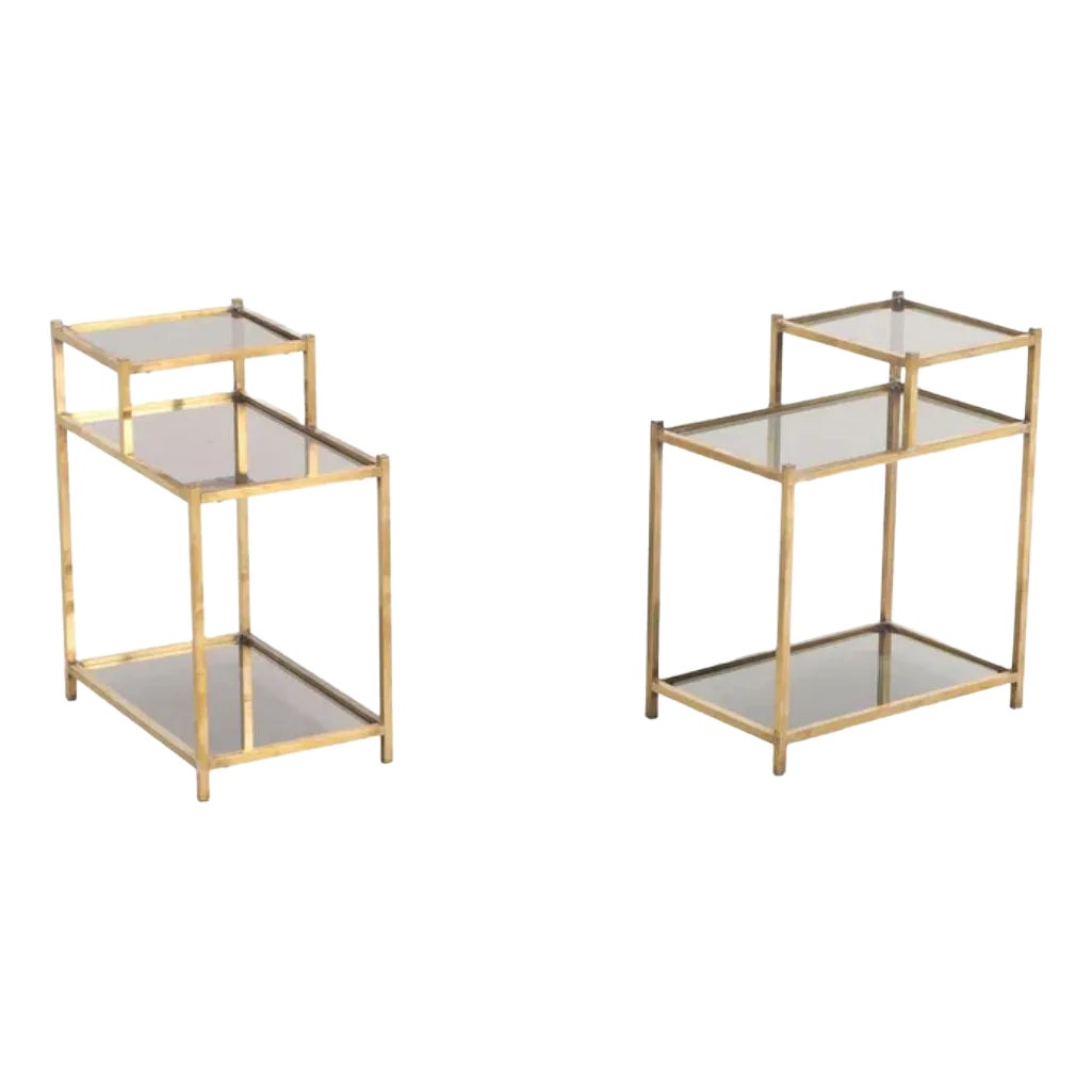 Pair of Mid Century Step Tables in Brass and Smoked Glass | Chairish