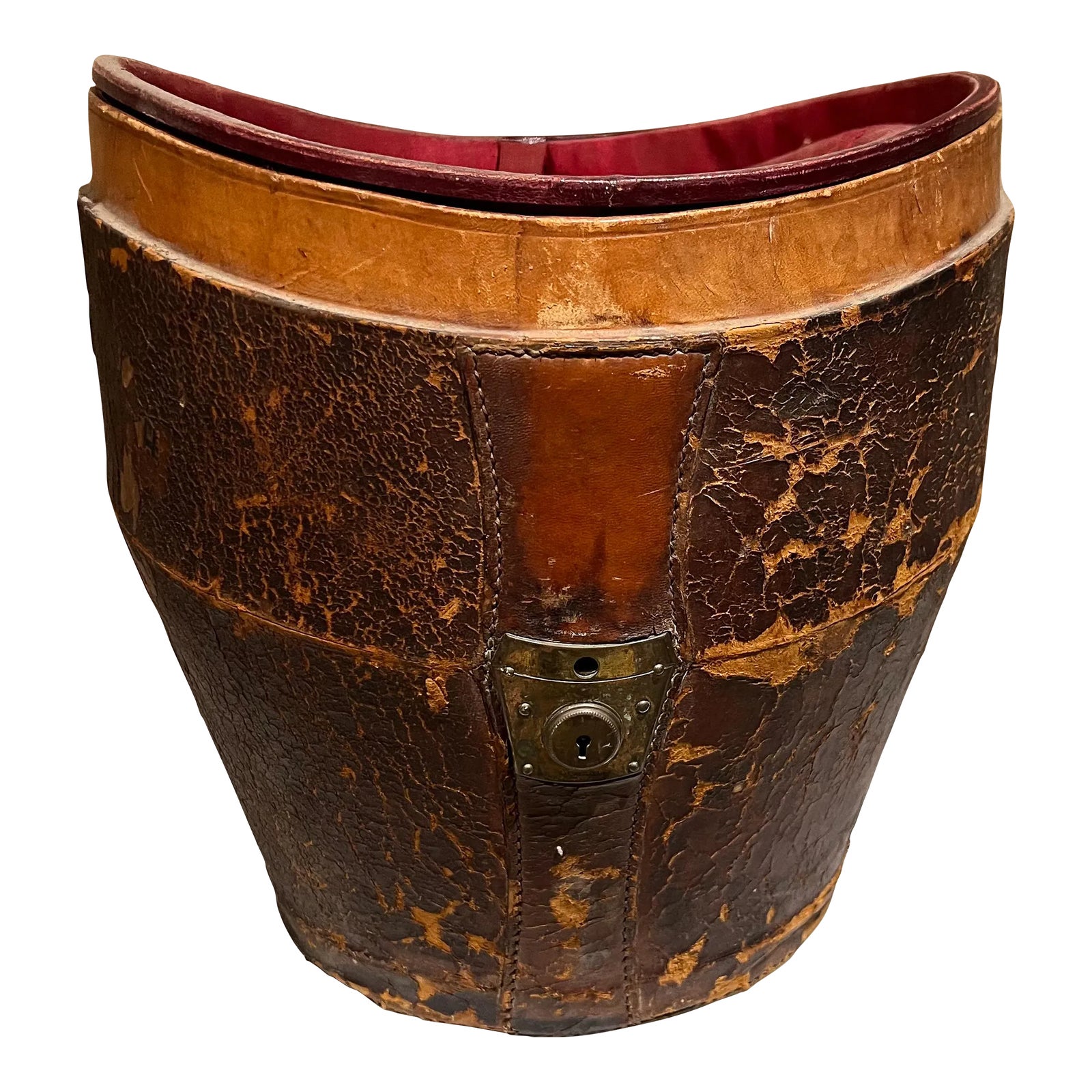 1800s Distressed Antique Leather Red Silk Box | Chairish