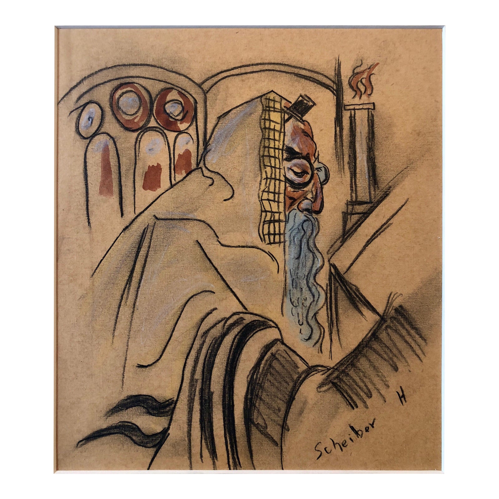 Hugó ScheiberRare Modernist Hungarian Rabbi Pastel Drawing Gouache ...
