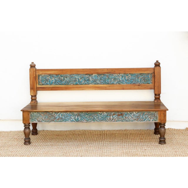 Reclaimed Wood Carved Aqua Beam Bench | Chairish