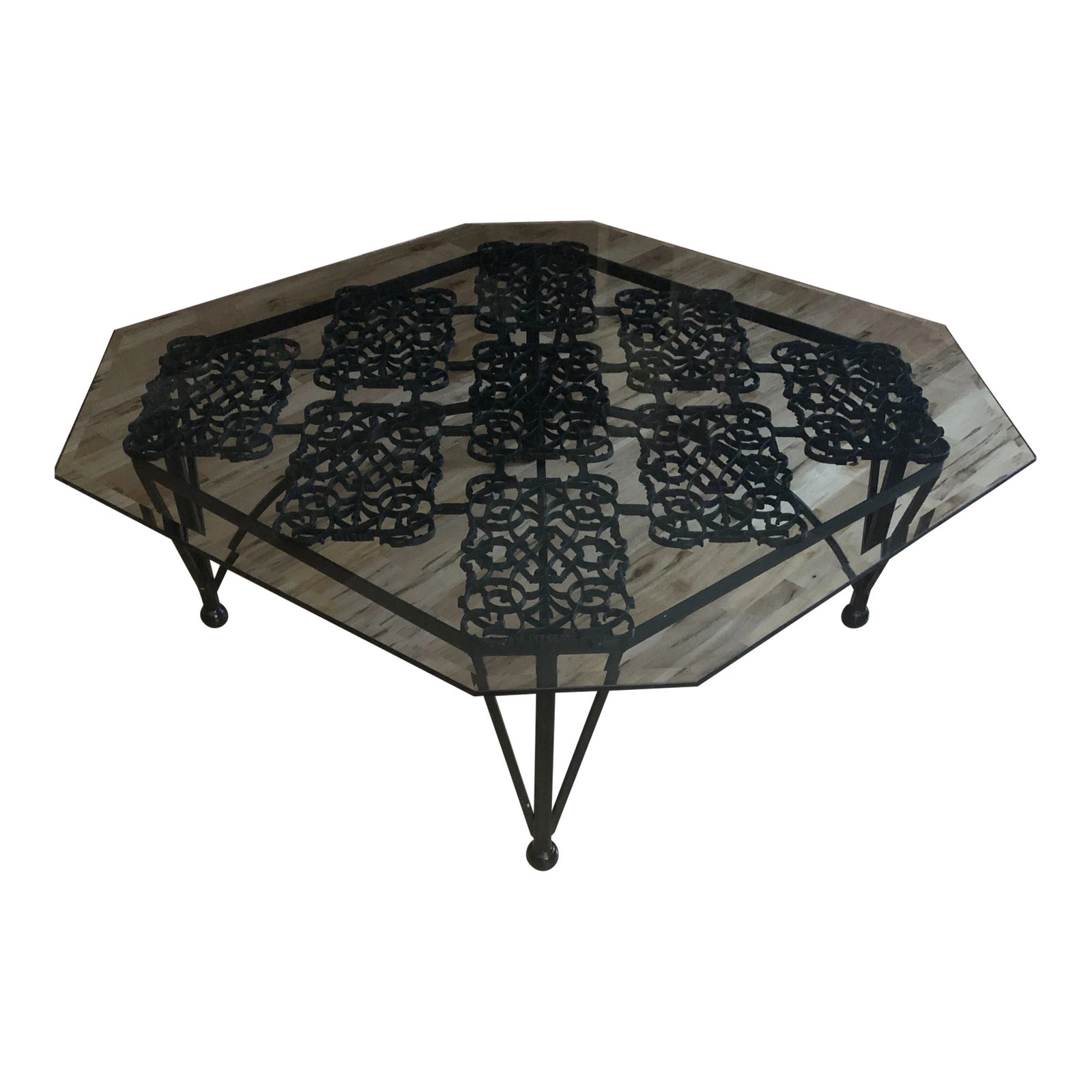 Mid Century Modern Cast Iron Base Octagon Bevel Edge Glass Coffee Table ...