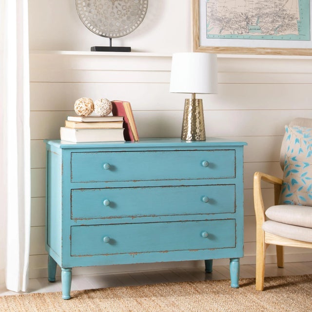 Three Drawer Storage Chest in Distressed Blue | Chairish