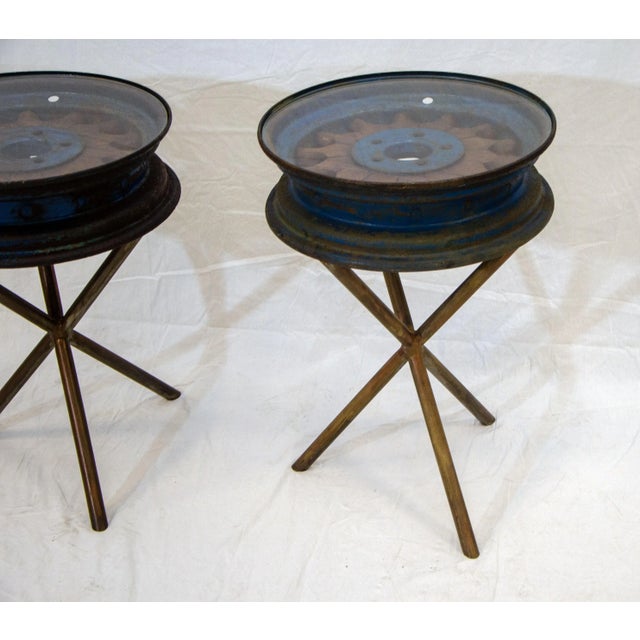 Mid 20th Century Pair of Vintage Industrial End Tables, Steel Rims With ...