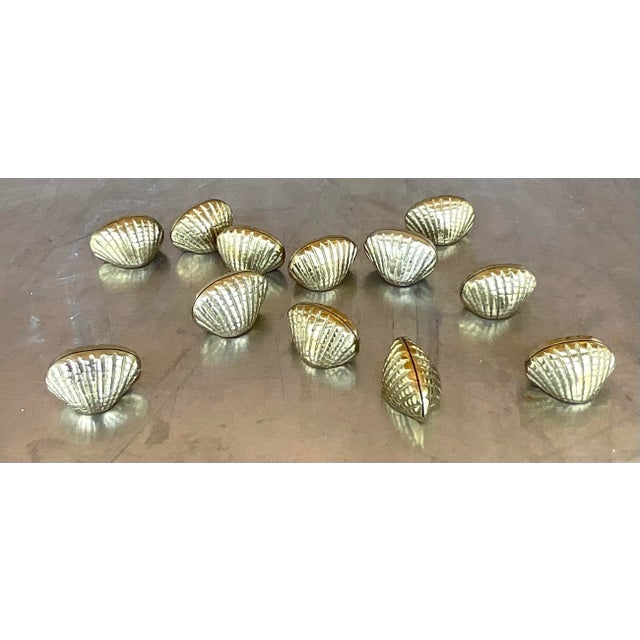 Vintage Coastal Brass Clamshell Place Holders - Set of 12 | Chairish