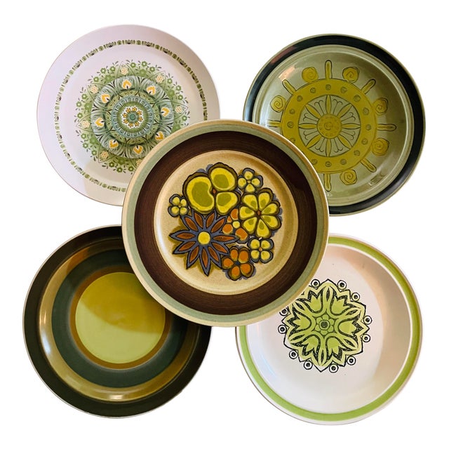 Mismatched Set of 5 Vintage Green Dinner Plates/ Mixed 70’s Stoneware ...