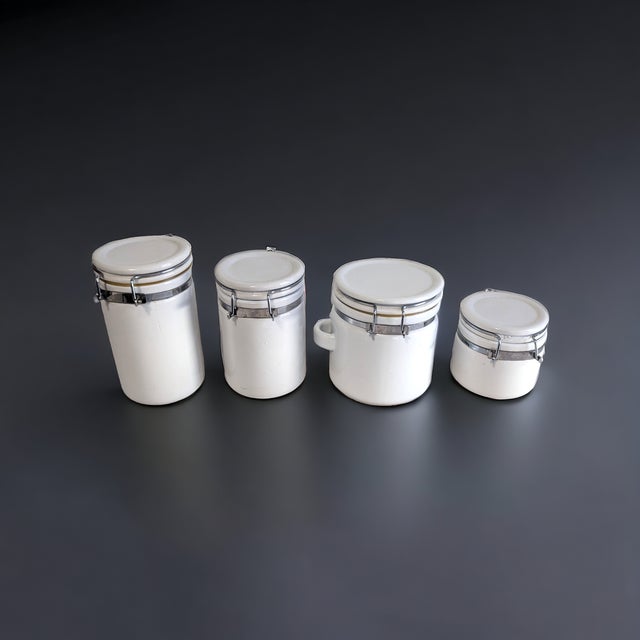 1970s White Canisters With Silver Clamp Lock Top Lids - Set of 4 | Chairish