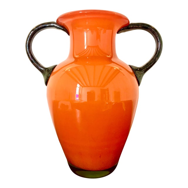 10" Orange Art Glass Handled Vase | Chairish