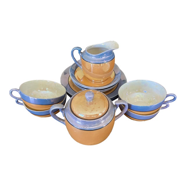 1930s Blue and Peach Japanese Lusterware Tea Set- 15 Pieces | Chairish
