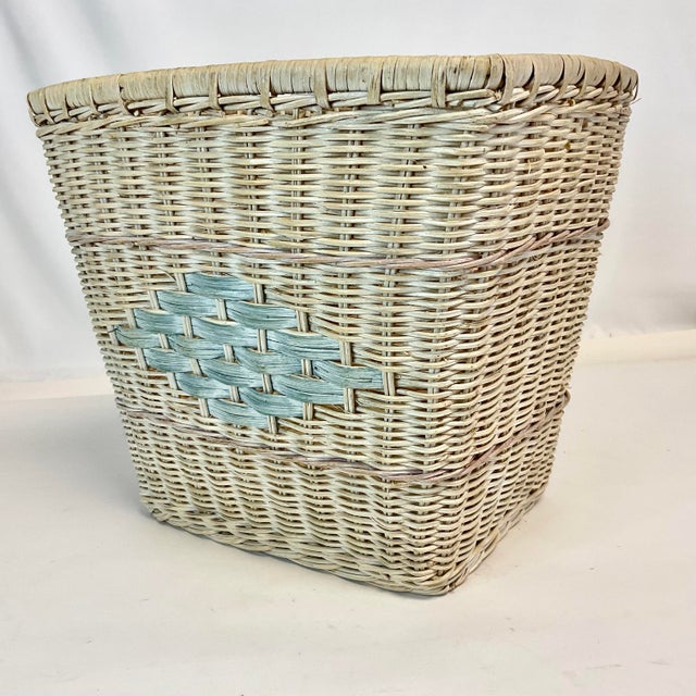 Mid Century Boho Chic Coastal Wicker Wastebasket With Blue Diamond ...