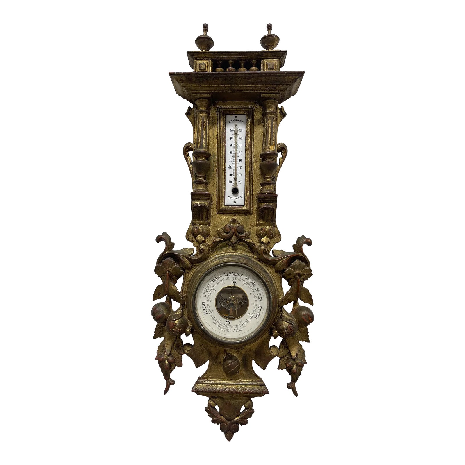 Antique French Gilt Wood Wall Mounted Thermometer / Barometer | Chairish