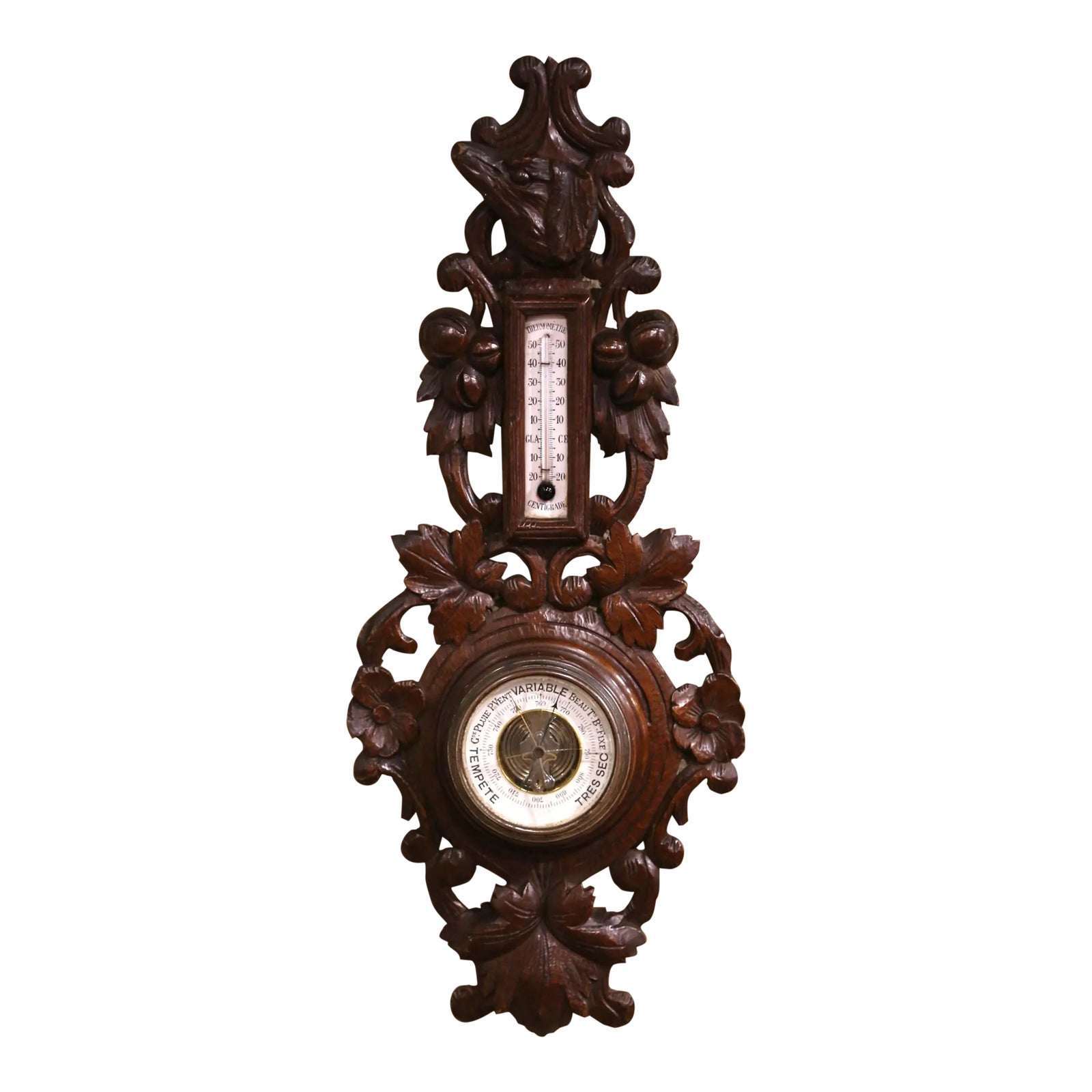 19th Century French Forest Carved Oak Barometer and Thermometer With ...