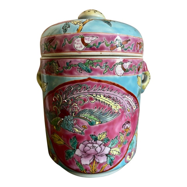 1970s Pheonix & Peony Chinese Porcelain Tea Caddy | Chairish