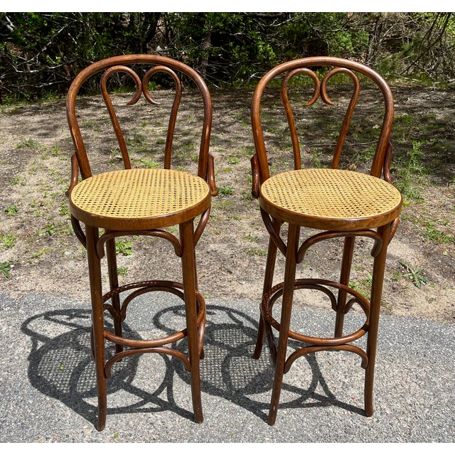 Pair Thonet Bentwood Stools With Caned Seats Mid Century Modern | Chairish