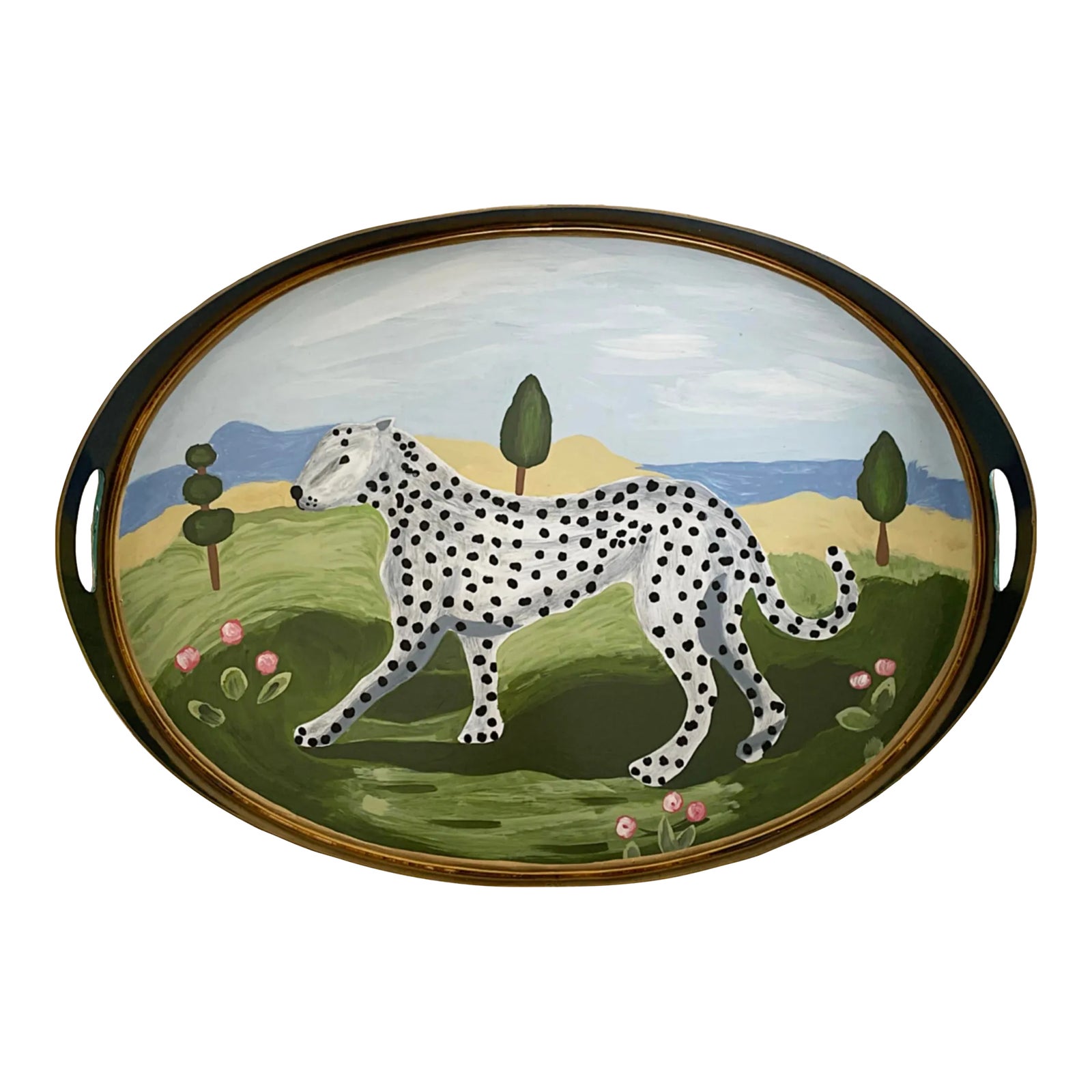 Dana Gibson White Leopard Walking Serving Tray | Chairish