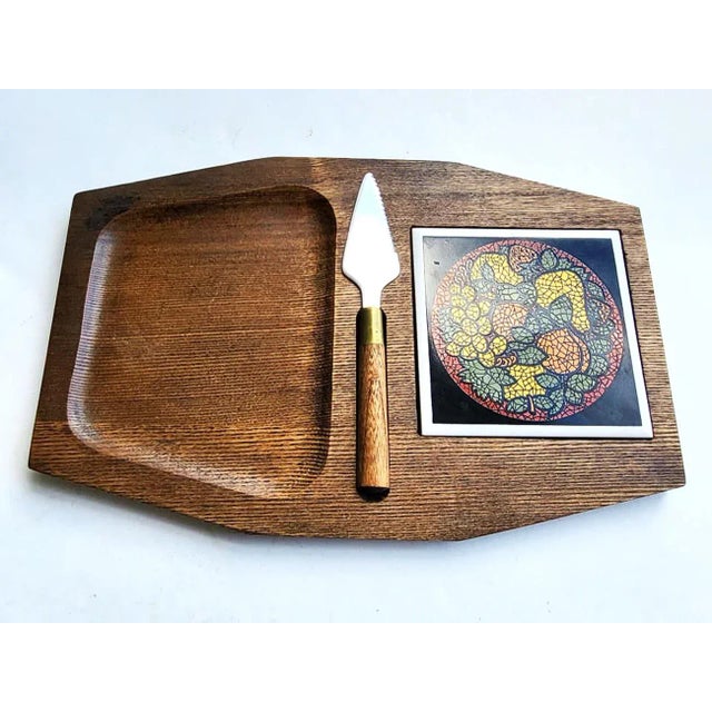 1970s Japanese Wood Cheeseboard With Tile Inlay and Knife, Set of 2 ...