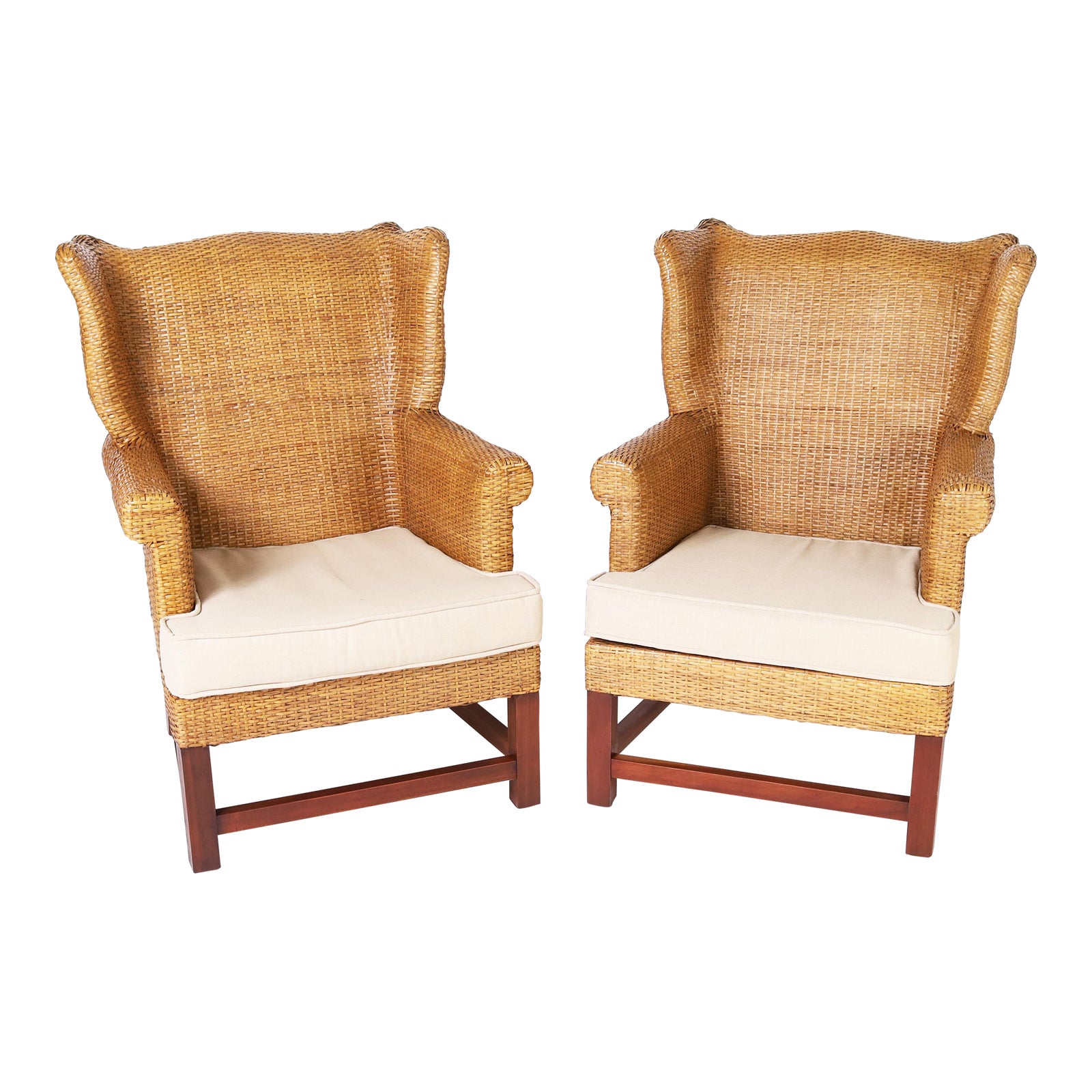 Pair of Vintage British Colonial Style Woven Reed Wingback Armchairs ...