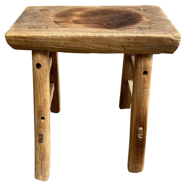 Elm Wood Stool With Aged Top | Chairish