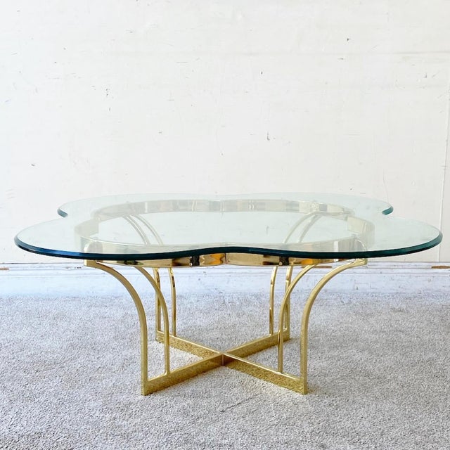 Hollywood Regency Clover Cloud Glass and Gold Coffee Table | Chairish