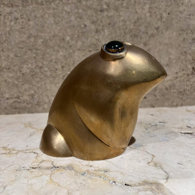 1960s Green Eyed Golden Brass Frog Sculpture Desk Paperweight | Chairish