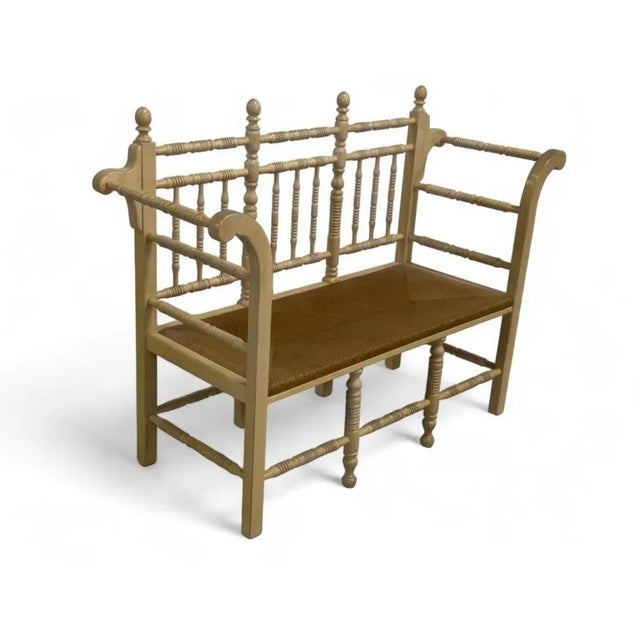 Stick & Ball Rush Seat Limewashed Bench | Chairish