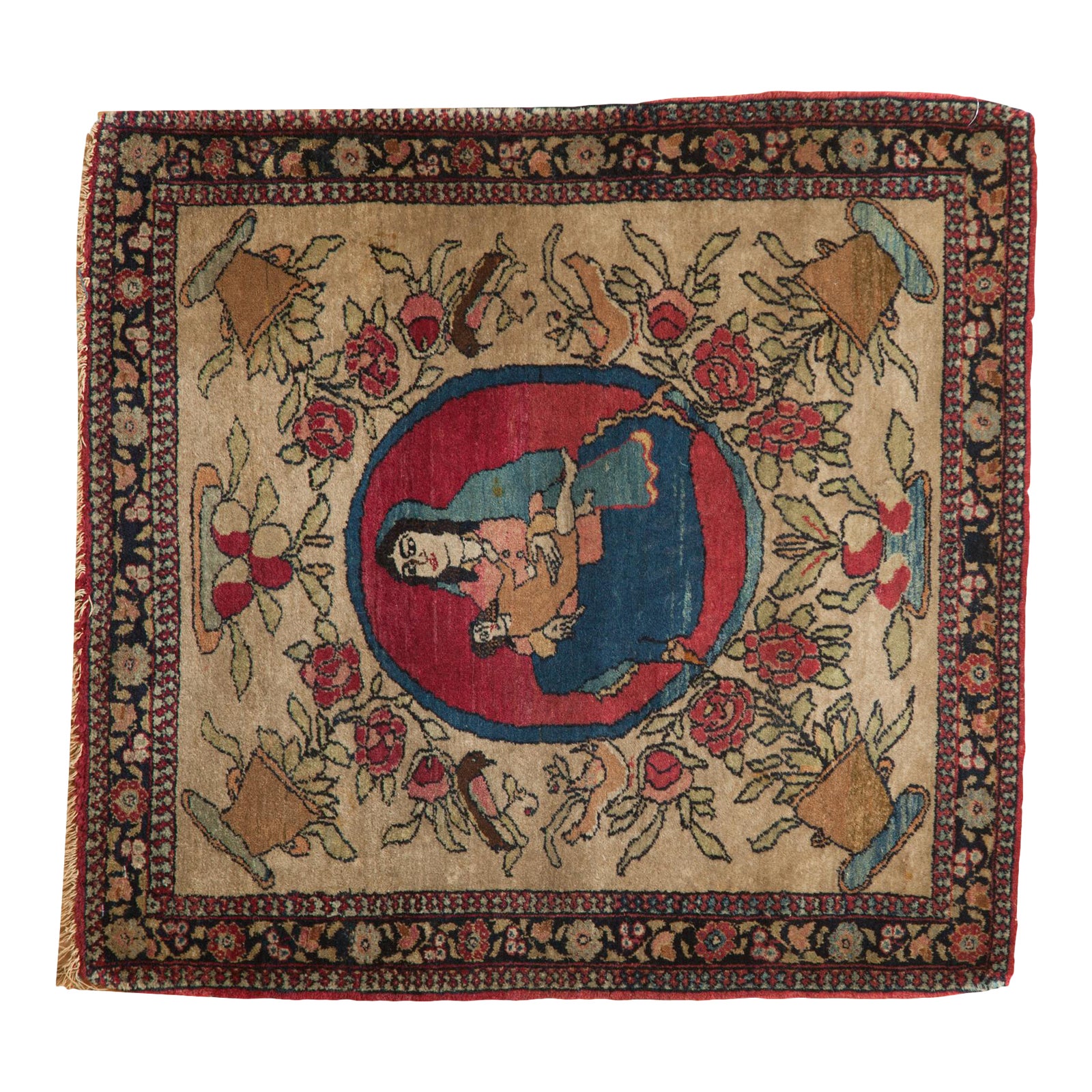Antique Pictorial Isfahan Square Rug Mat - 2'3" X 2'4" | Chairish