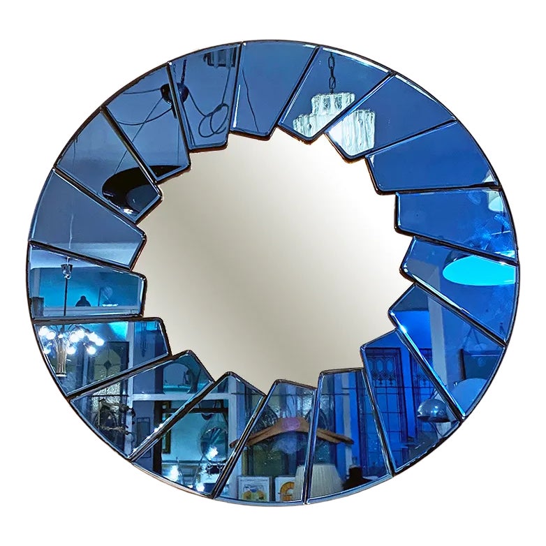 Mid-Century Modern Italian Blue Round Mirror with Glass Frame, 1960s ...