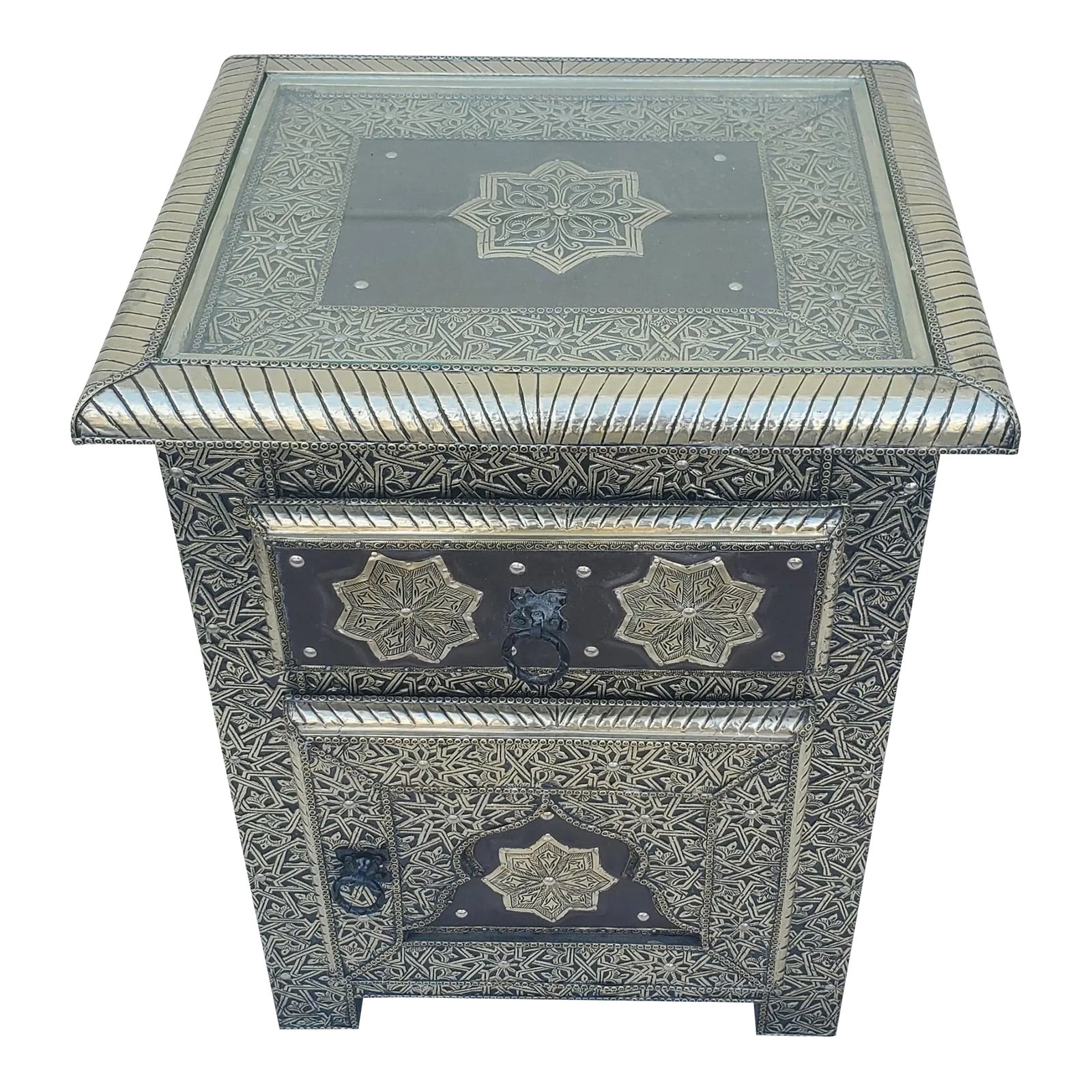 Leather and Metal Inlaid Moroccan Nightstand | Chairish