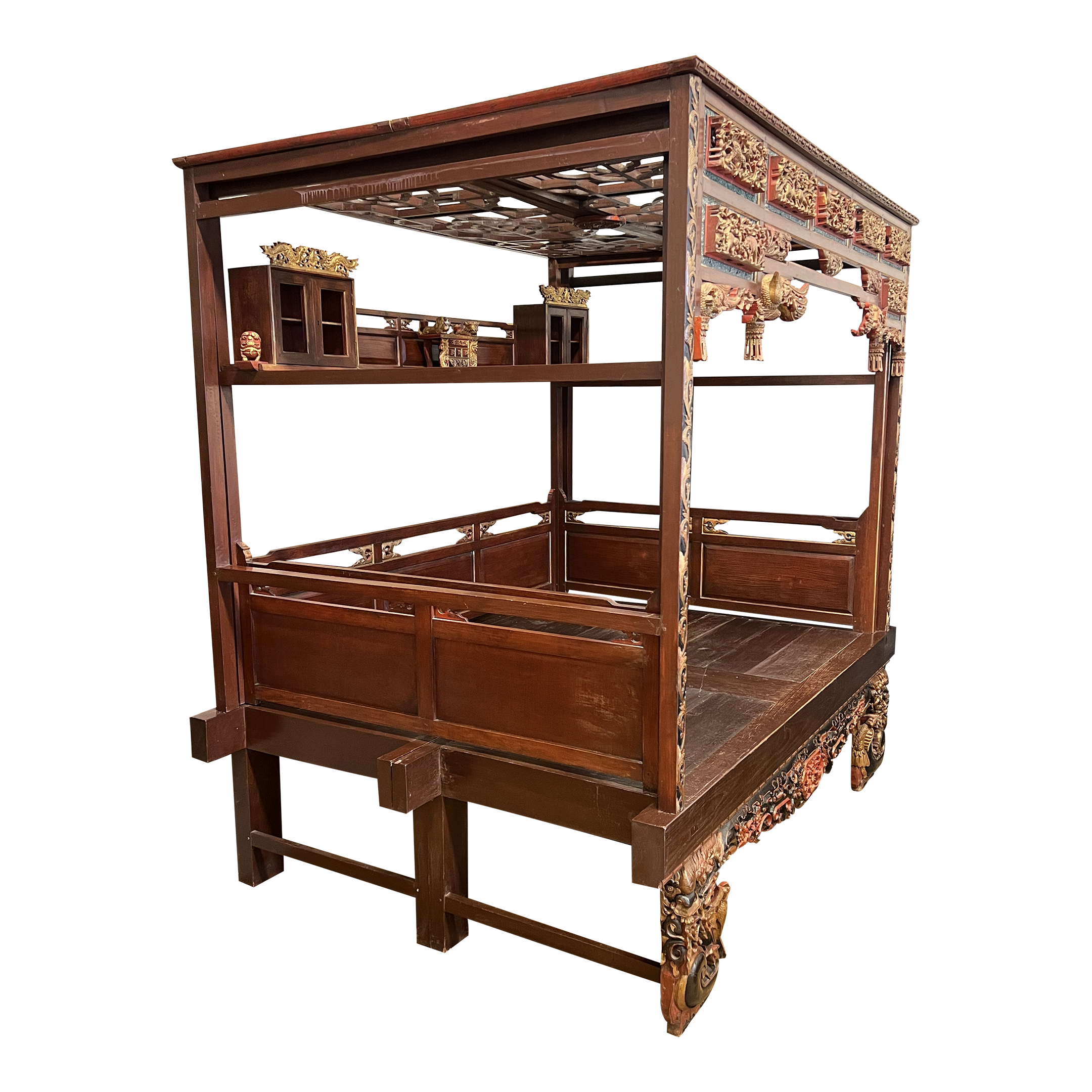 Queen Size Antique Chinoiserie Elm Wedding Canopy Bed Hand Carved With ...