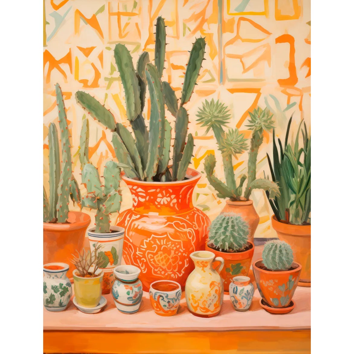 Desert Flora Pottery Ensemble, Warm Orange and Green Tones, 9x12 | Chairish