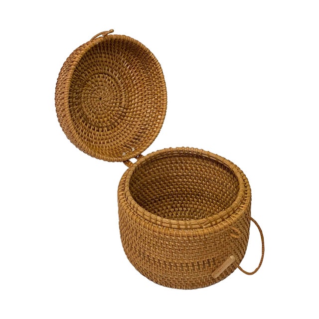 Asian Handmade Rustic Brown Rattan Round Accent Storage Box | Chairish