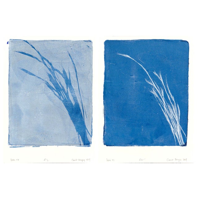 Lobos Grass Monoprint Paintings, Original Modern Abstract Blue Grey ...