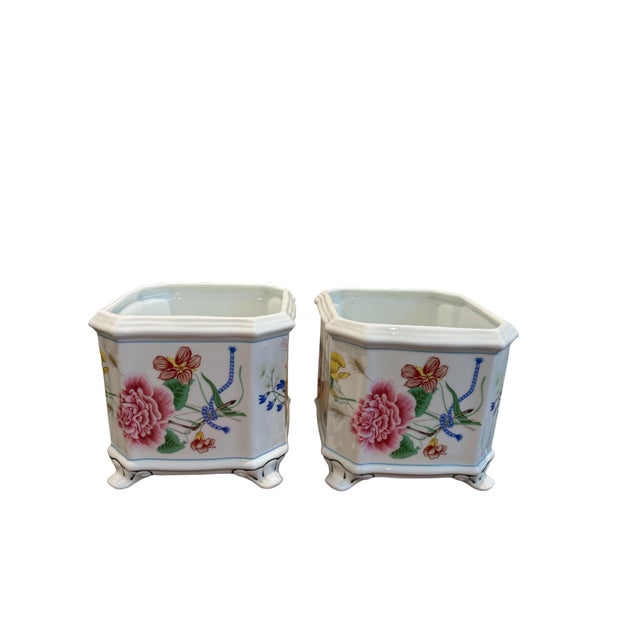 Pair of 1990s Lynn Chase Flores Pink Peony Floral Dragonfly Footed ...
