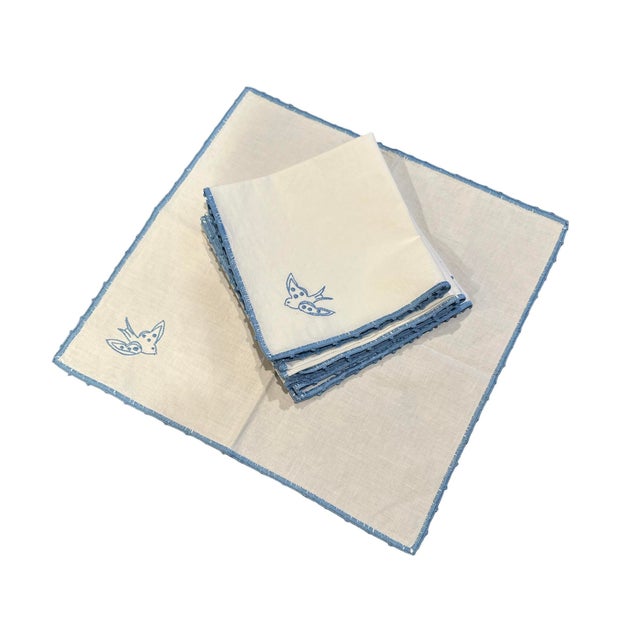 Vintage Embroidered Blue Birds Cotton Napkins Set of 6 | Chairish