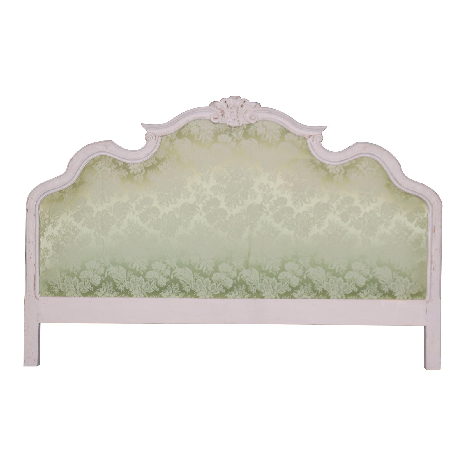 Sage Green Damask Upholstered Distressed White Painted King Size ...