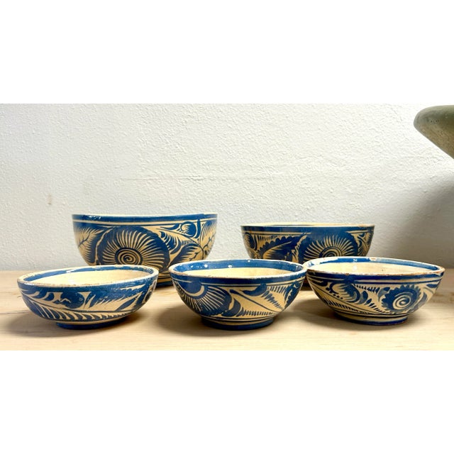 Vintage Mexican Hand Painted Blue and Almond Colored Pottery Bowls- 5 ...