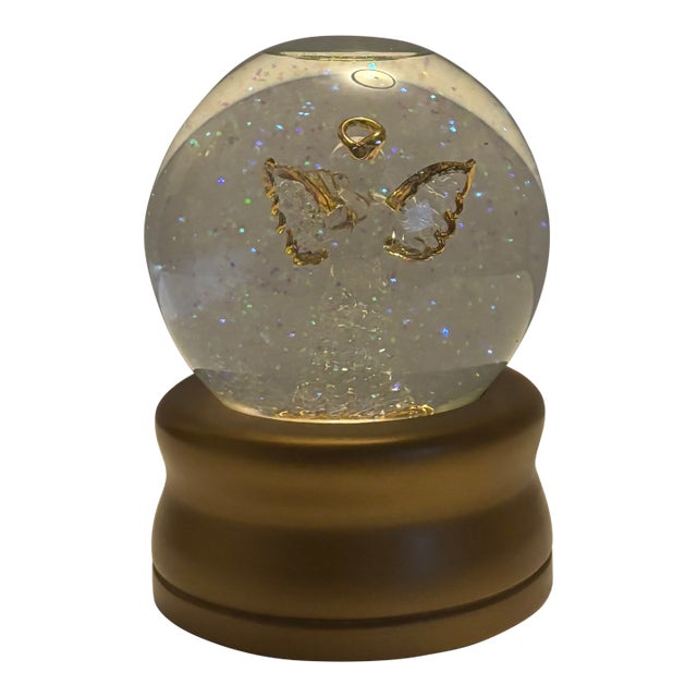 Glass Snow Globe With Gold Angel Figure on a Wooden Base | Chairish