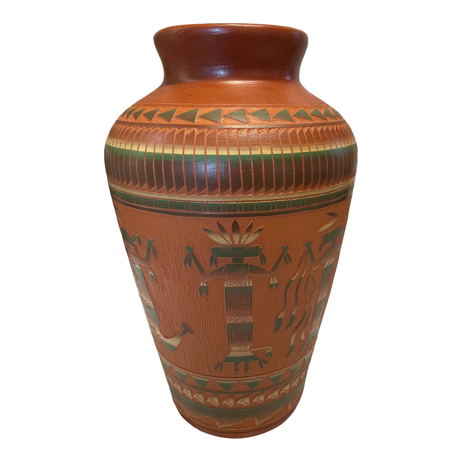 1990s Large Navajo Sgraffito Redware Vase With Depictions of Kachinas ...