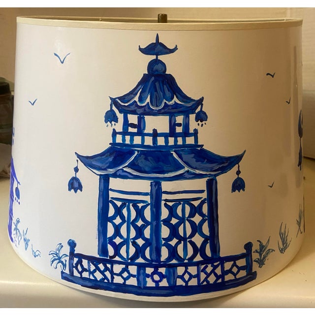 Custom Hand Painted Chinoiserie Style Shade With Pagodas | Chairish