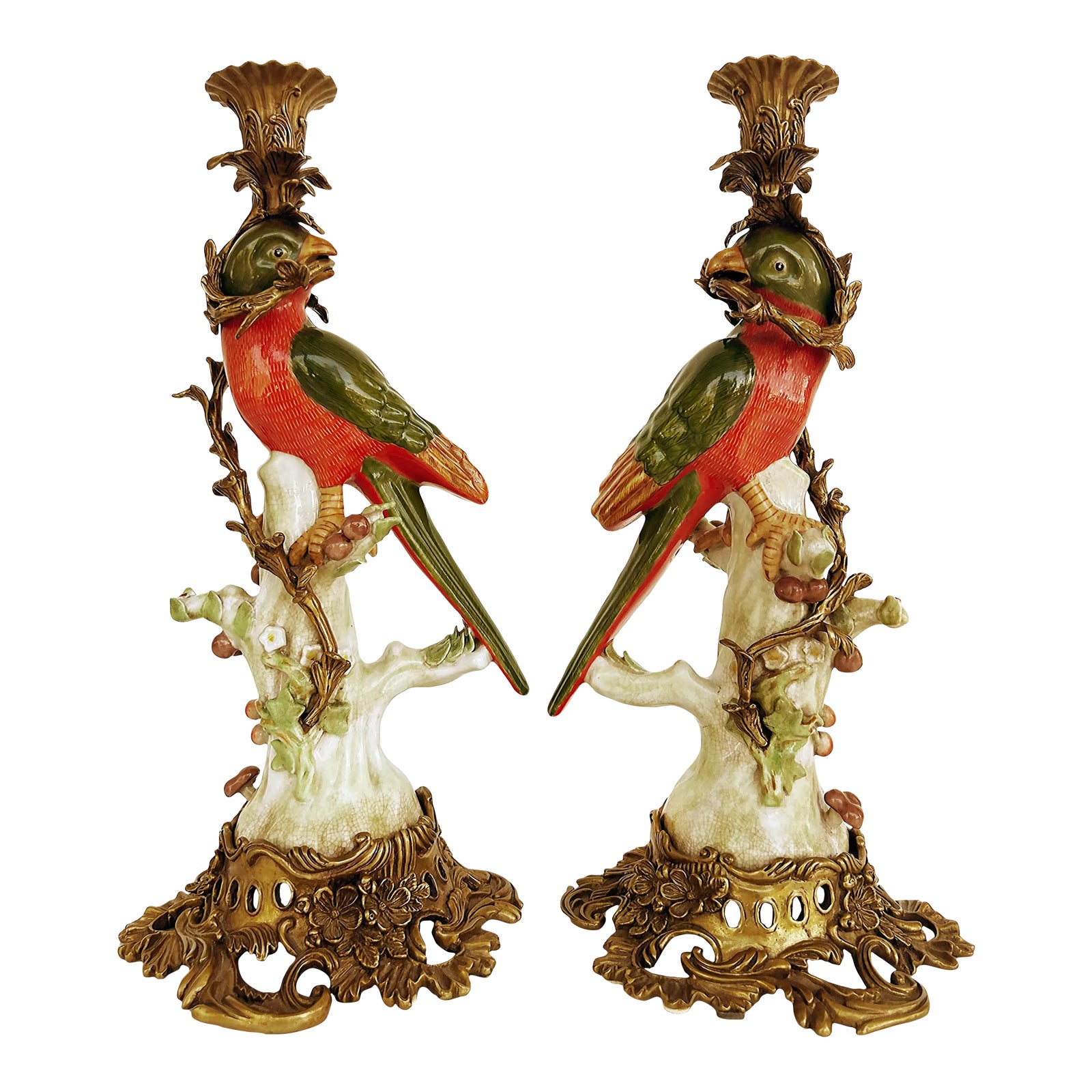 Vintage Bronze Painted Porcelain Exotic Bird Candlesticks- a Pair ...