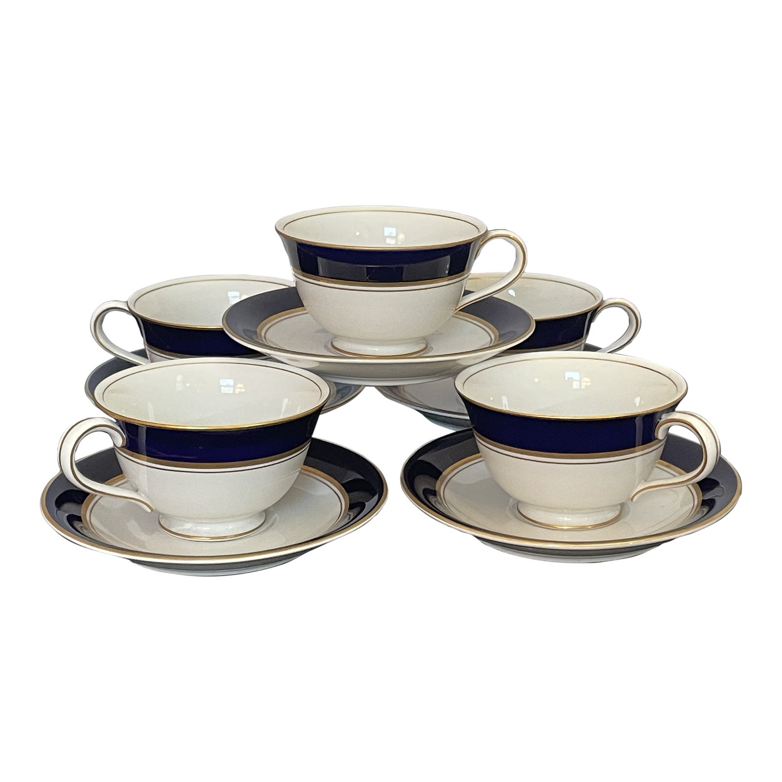 Mid Century Kokura Ware Navy & Gold Cups and Saucers - Set of 5 | Chairish
