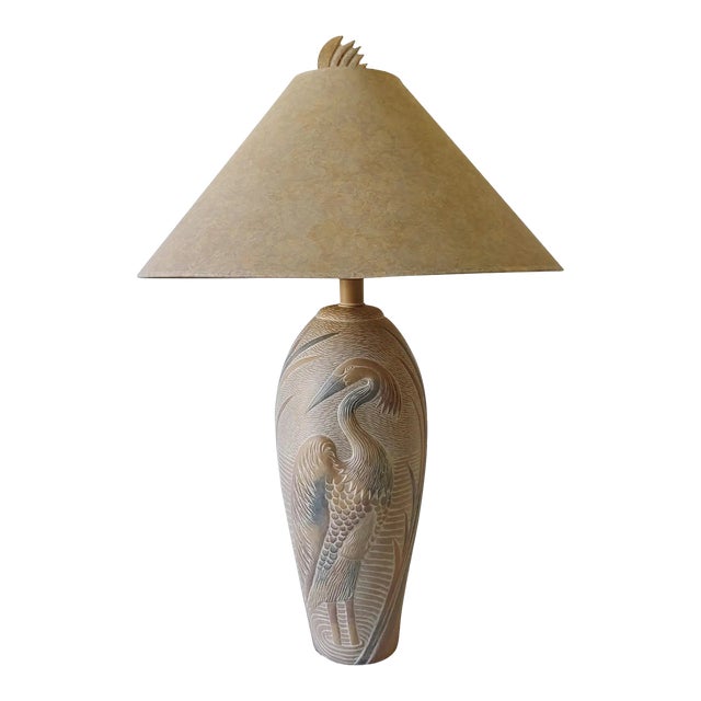 Tall Ceramic Postmodern Lamp With Herons and Foliage | Chairish