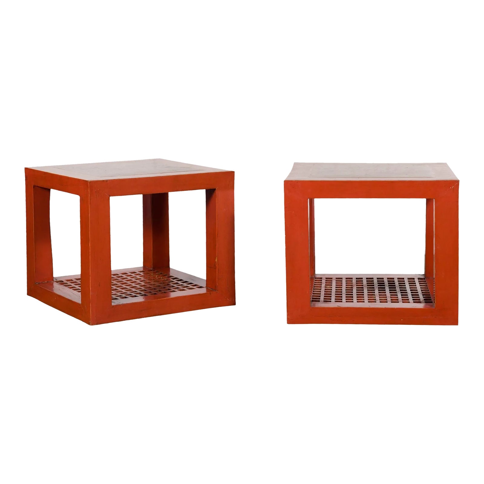 Late 20th Century Chinese Red Lacquer & Ming Dynasty Marble Top Cube ...