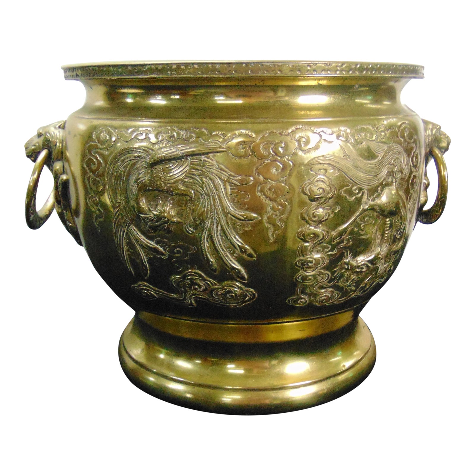 Chinese Hammered & Engraved Brass Jardinière Planter | Chairish