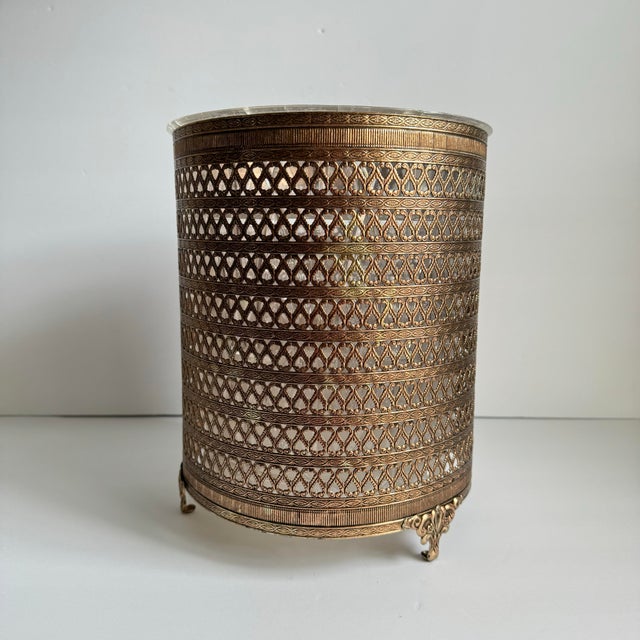 Vintage Gold Filigree Waste Paper Basket Mid Century Bathroom Trash Bin ...