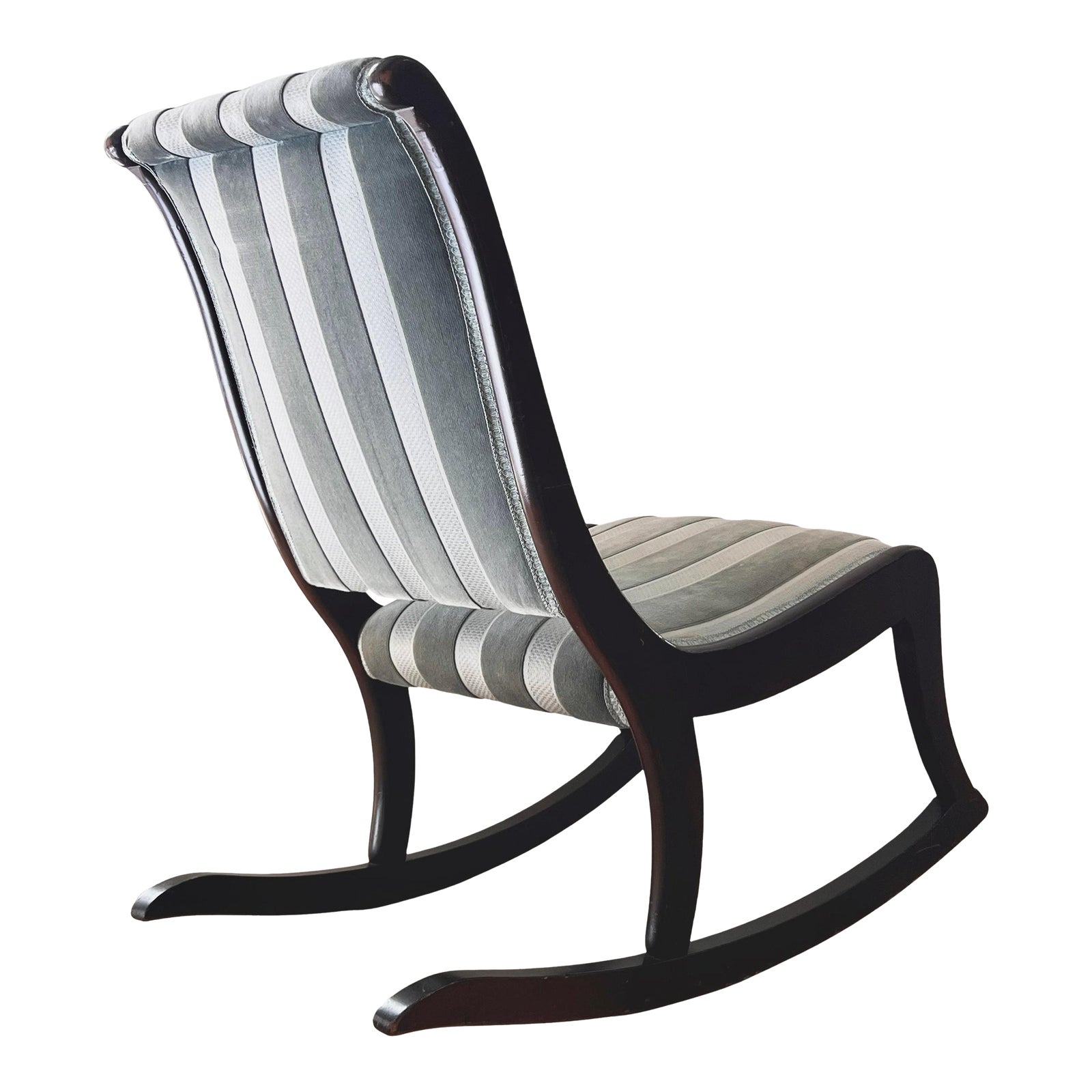 Antique Slipper Style Rocking Chair in Cherrywood and Blue Velvet, Late ...