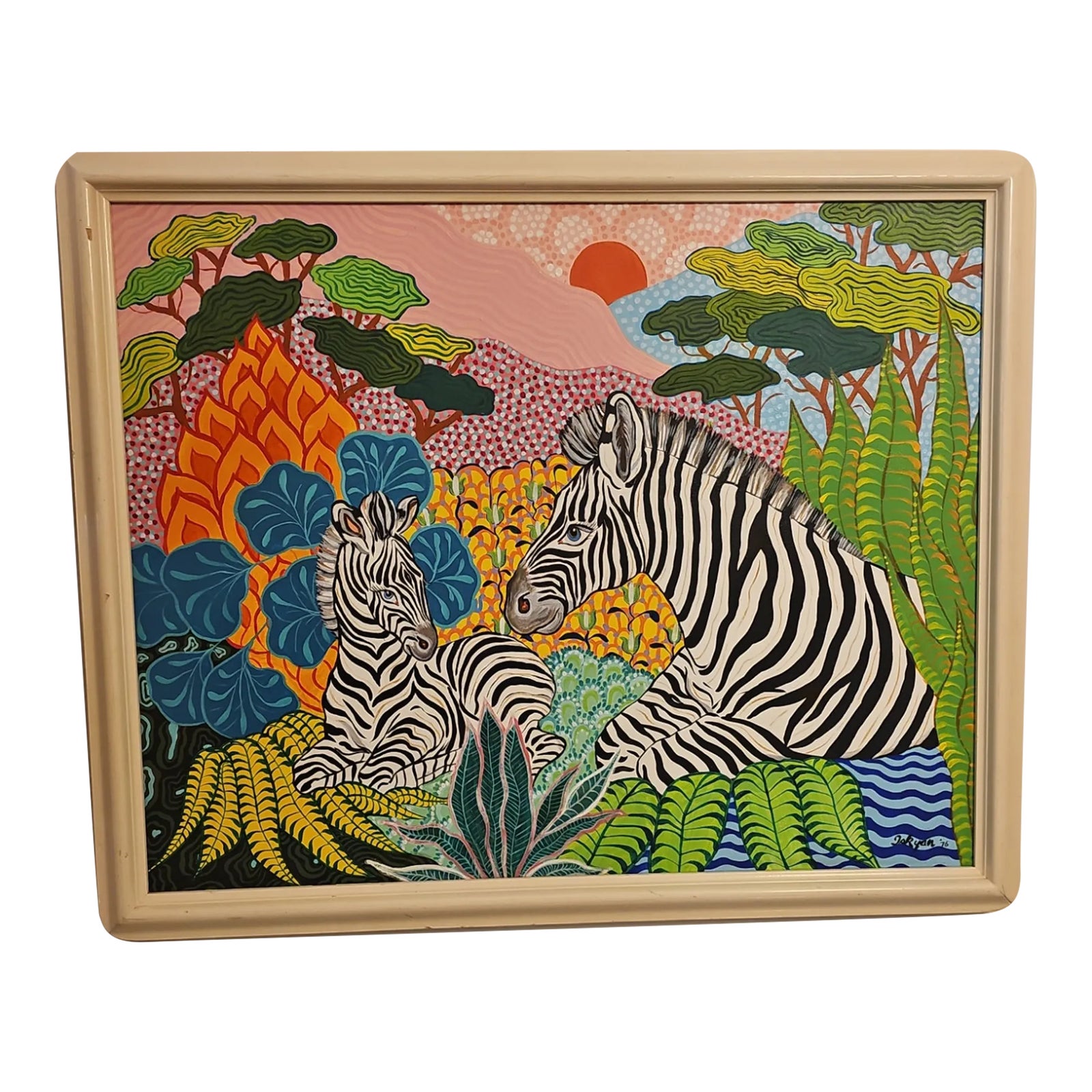 1976 Colorful Zebra Painting by Joan Iskyan | Chairish