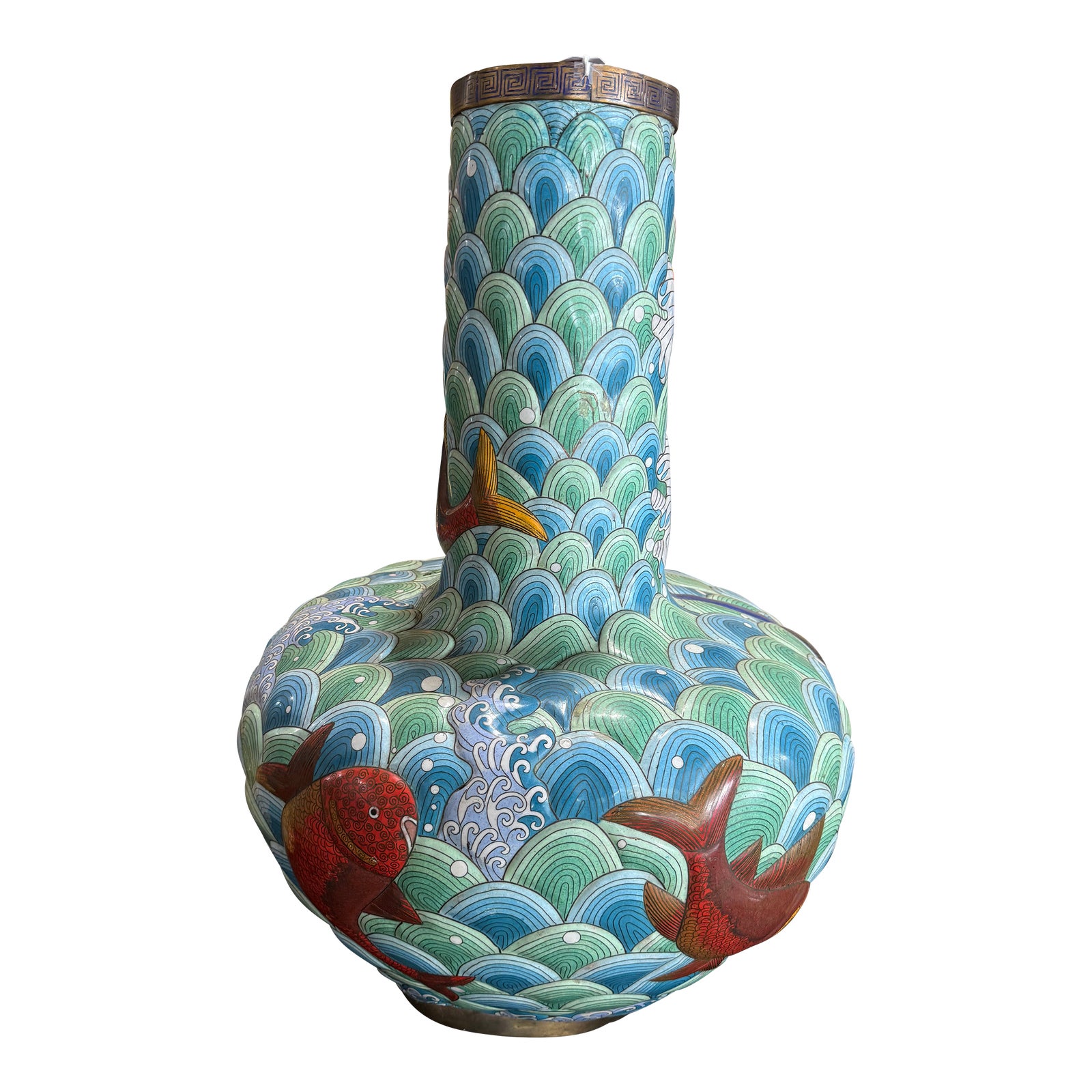 Large Antique Japanese Cloisonné Enamel Vase With Koi Fish | Chairish