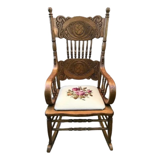 Antique 1920s American Pressed Back Oak Rocker | Chairish