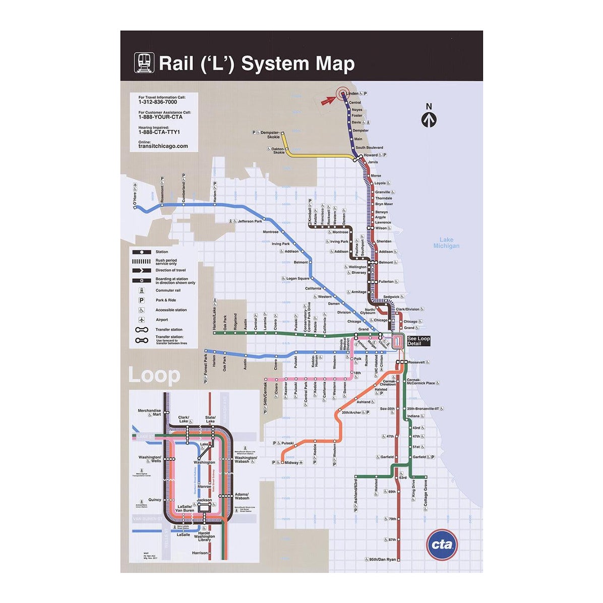 Mid 20th Century Chicago L Rail System Map Multicolor Offset Lithograph ...